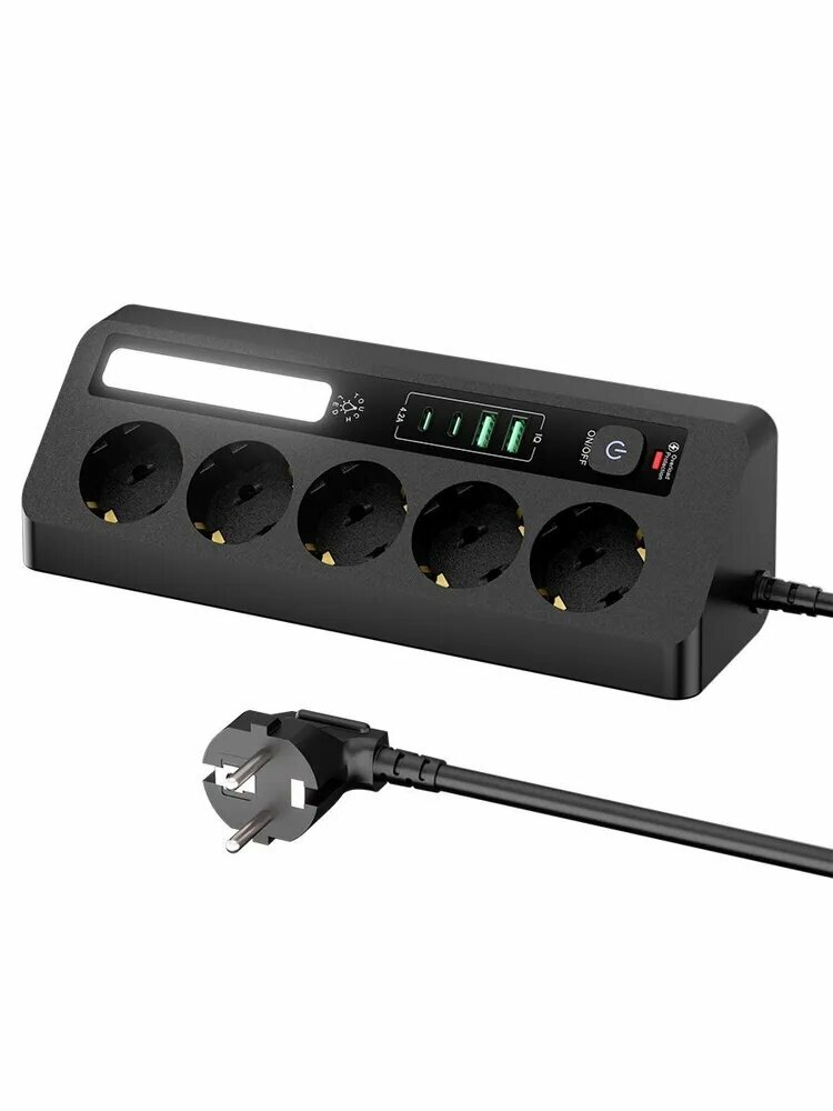 9-в-1 розетка KINGLINK с ночником 5 EU розеток + 4 USB 2500Вт Огнестойкость 850 C Кабель 1.8м