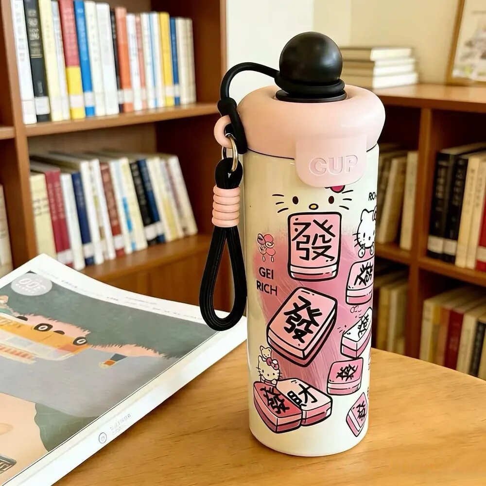 Детский термос с мультяшным принтом, портативная термокружка из нержавеющей стали с ремешком, герметичная кружка для школы и прогулок, 600 мл