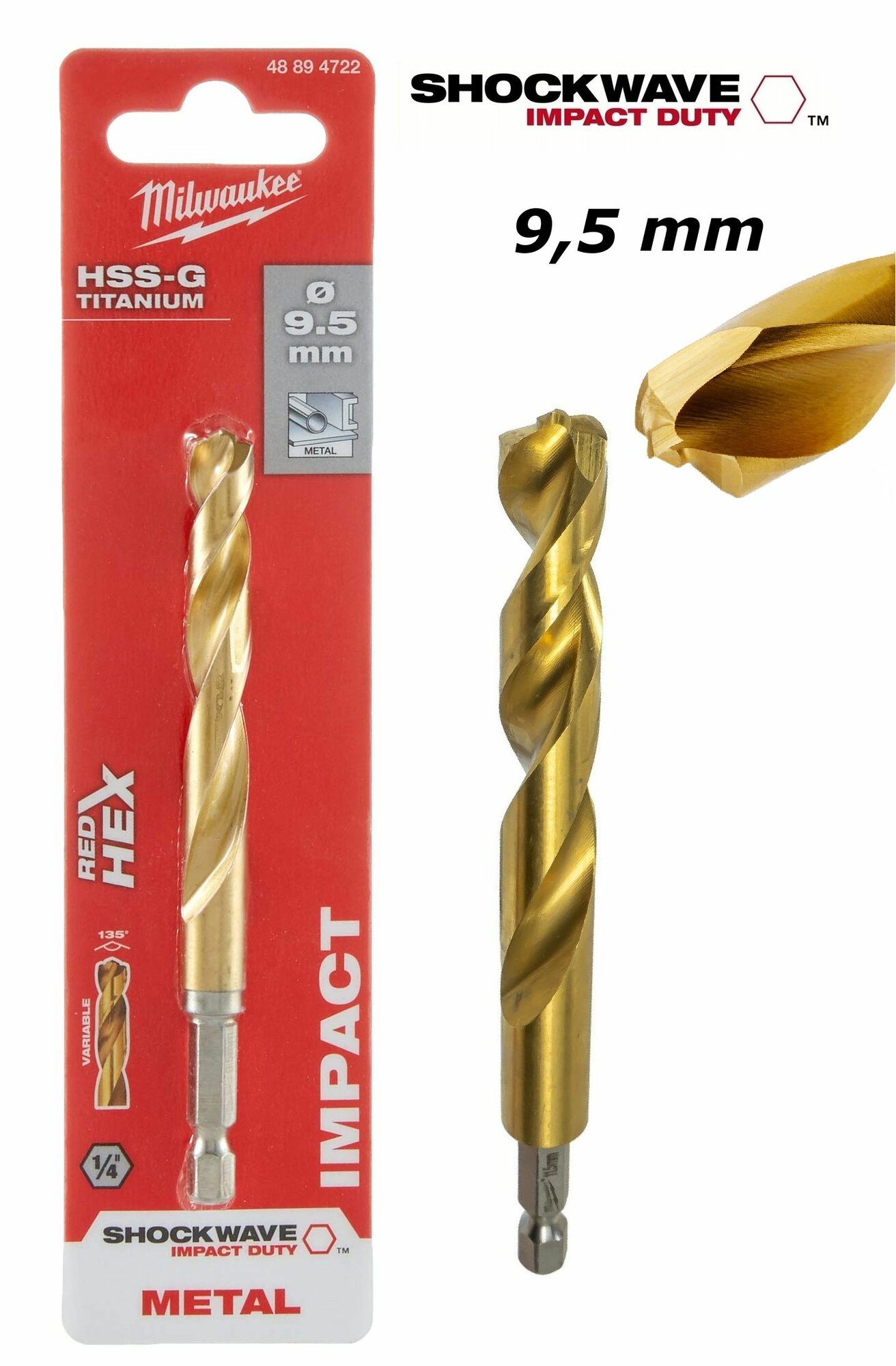 Сверло по металлу MILWAUKEE 48894722 SHOCKWAVE HSS-TiN 9,5 мм