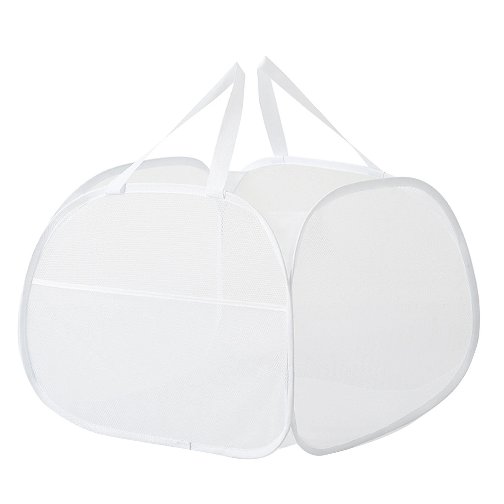 Складная корзина для белья Pop Up Hamper 90 л из дышащей сетки с ручкой и боковым карманом для хранения одежды, белого цвета.