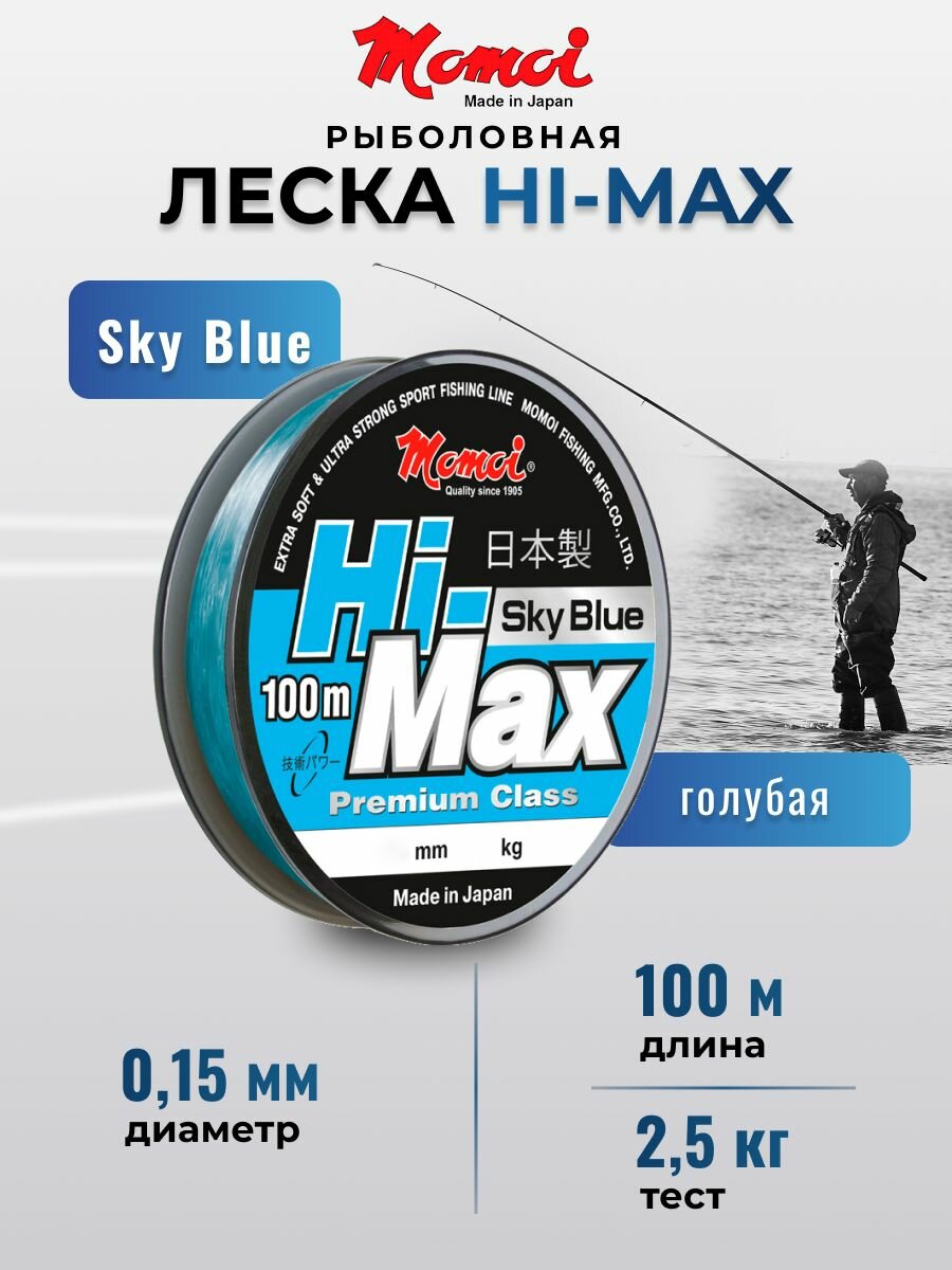 Монофильная леска для рыбалки Momoi Hi-Max Sky Blue 0,15 мм, 2,5 кг, 100 м. Летняя рыбалка/ фидер, спиннинг, троллинг. Голубая 1 штука