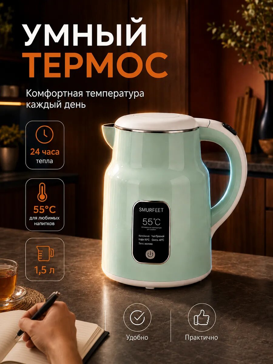 Электрический чайник с LED-подсветкой, объём 1,5 л, для дома и офиса