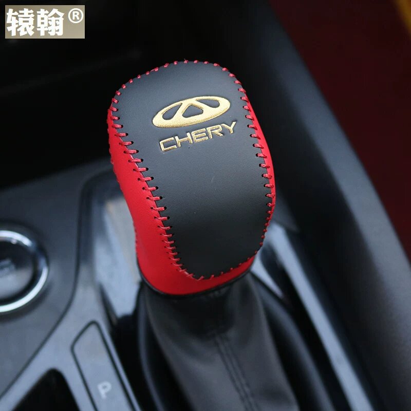 Цветной блок красная кожа ручка КПП для Chery Tiggo 8 с красной строчкой и золотым логотипом