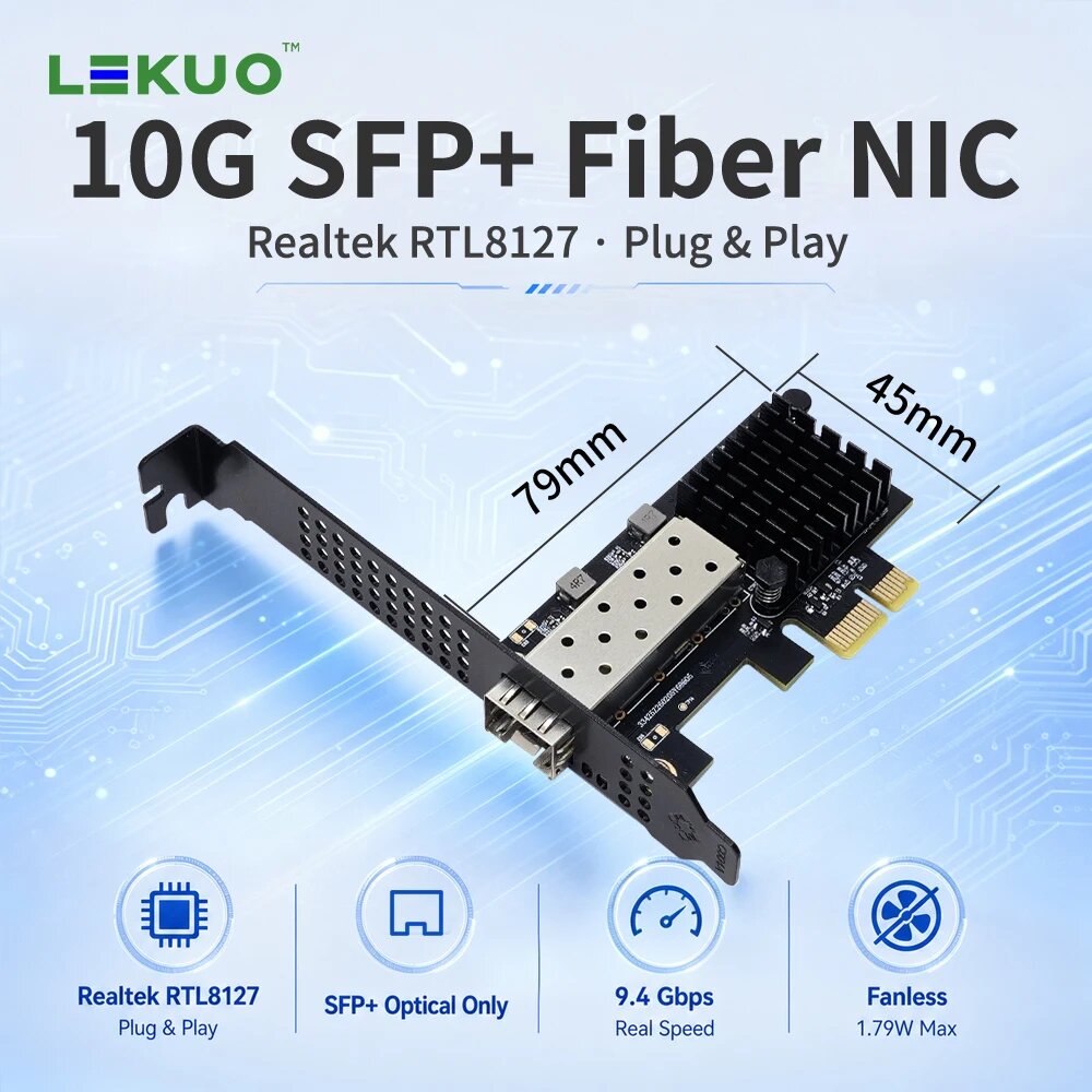 Lekuo сетевая карта 10G SFP+ PCIe 4.0 для серверов With 1x SFP 10G SR