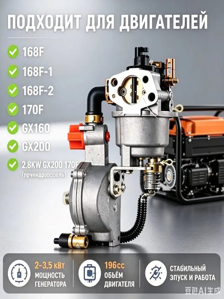 Карбюратор газ-бензин для двигателей 168F/170F (GX160/GX200); двухтопливный, для генераторов, мотоблоков и мотопомп 1.5-3.5 кВт, экономия топлива.