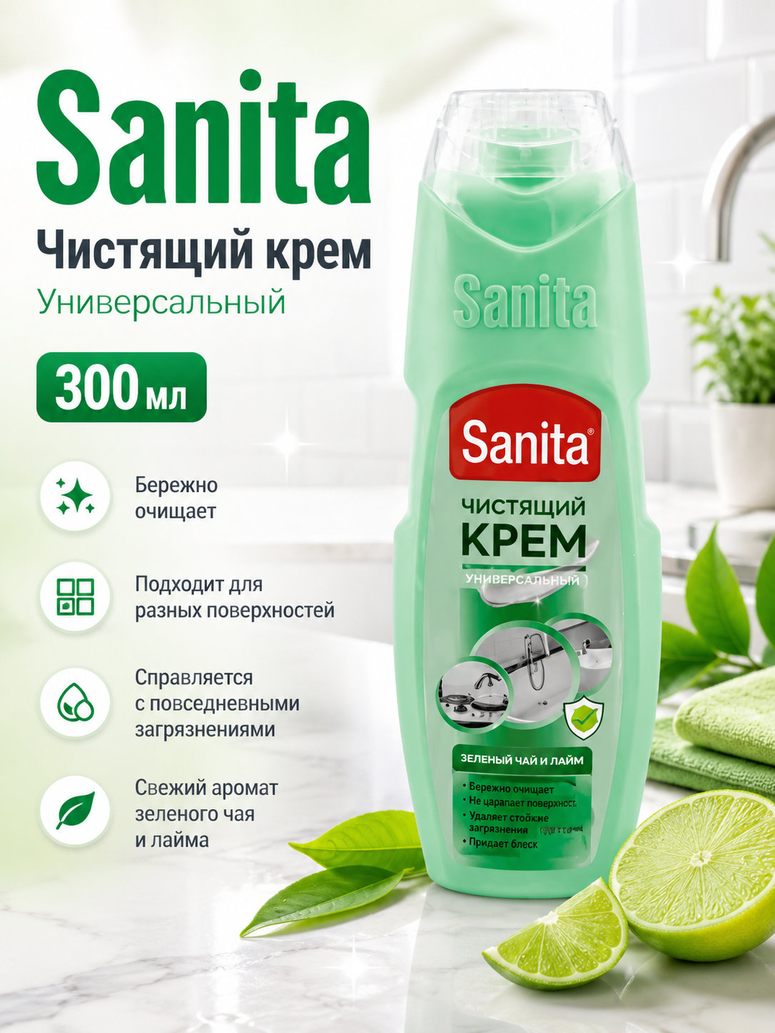 Чистящее средство универс. крем Sanita Зеленый чай и лайм 300мл