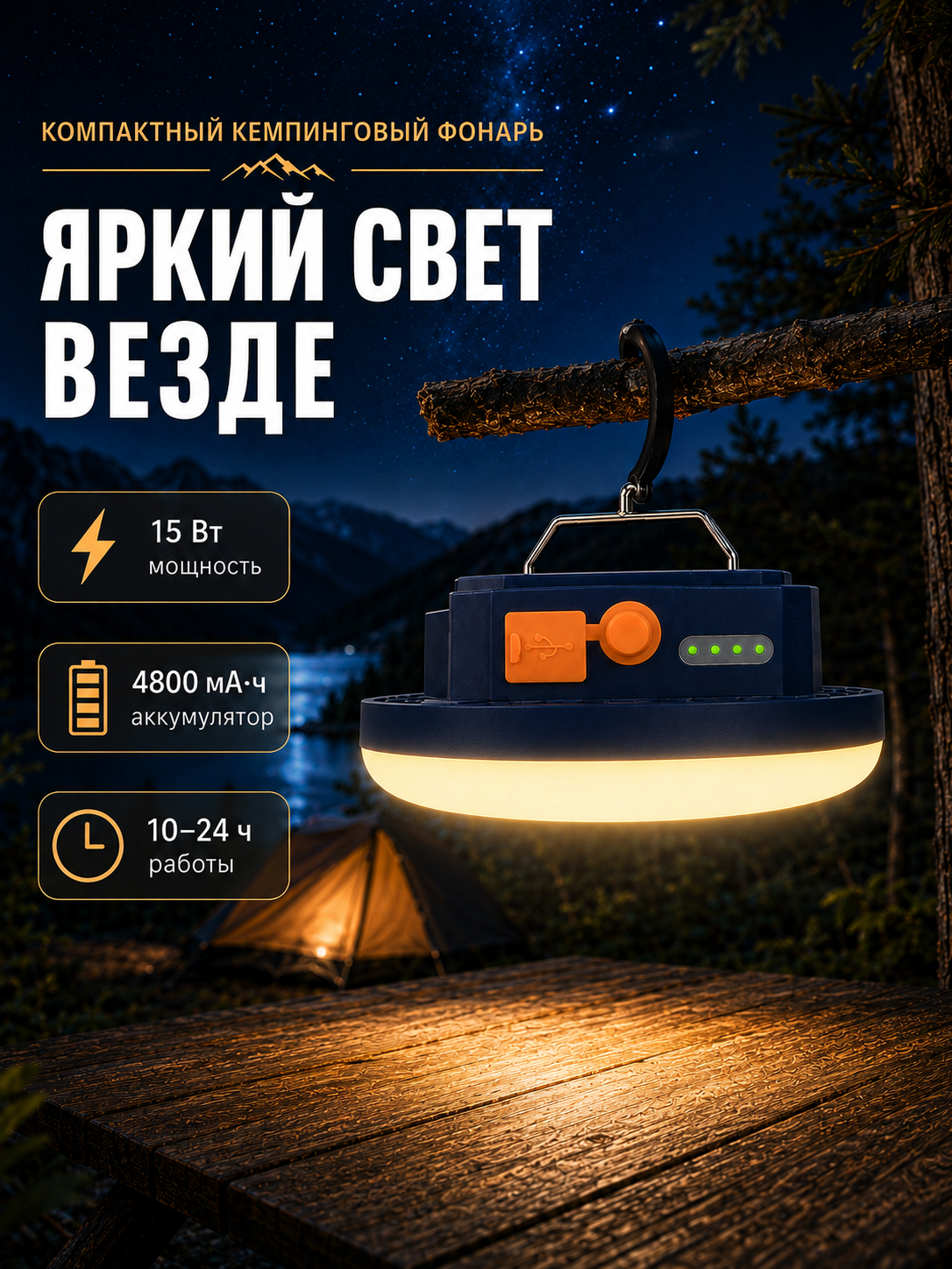 Аккумуляторный кемпинговый фонарь UNIBROTHER CL15, 15 Вт, 60 LED, 800 лм, тёплый свет 3300K, синий