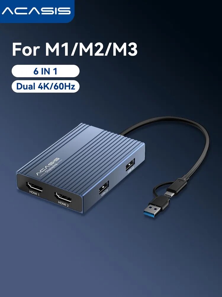 ACASIS USB-C док-станция DisplayLink, 2 HDMI 4K@60Гц, хаб с 3 USB-A, PD 100W, адаптер для Mac M1/M2/M3/M4 и Windows, разветвитель USB-C для 2 мониторов(DS-0602)