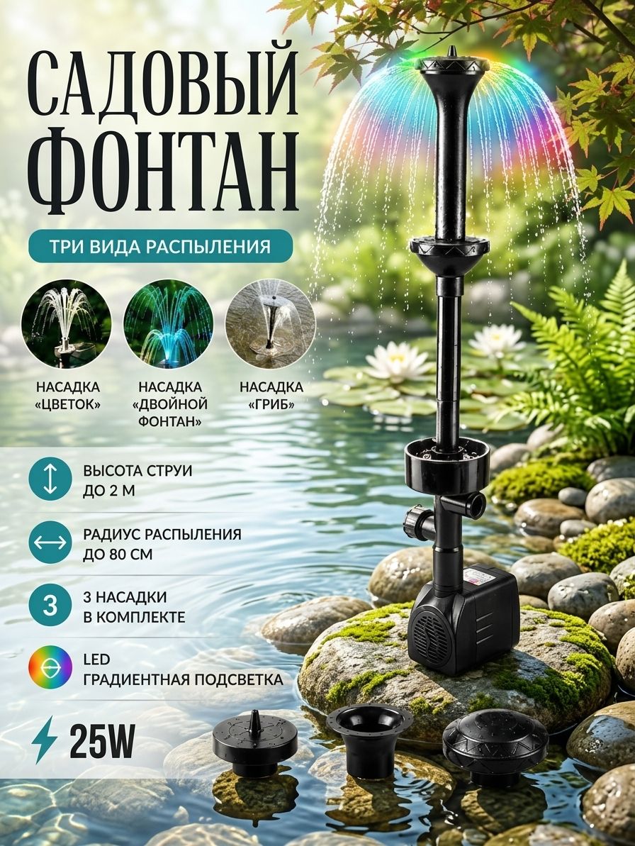 Садовый фонтан для пруда с LED подсветкой и насосом 25 Вт, комплект с 3 насадками, высота струи до 2 м, погружной декоративный фонтан для сада и дачи LED25W32