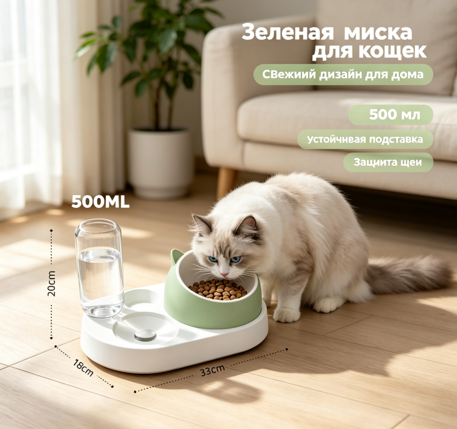 Набор миска‑кормушка с ушками для кошек с автопоилкой 500 мл, наклонная чаша для защиты шеи, противоопрокидываемая