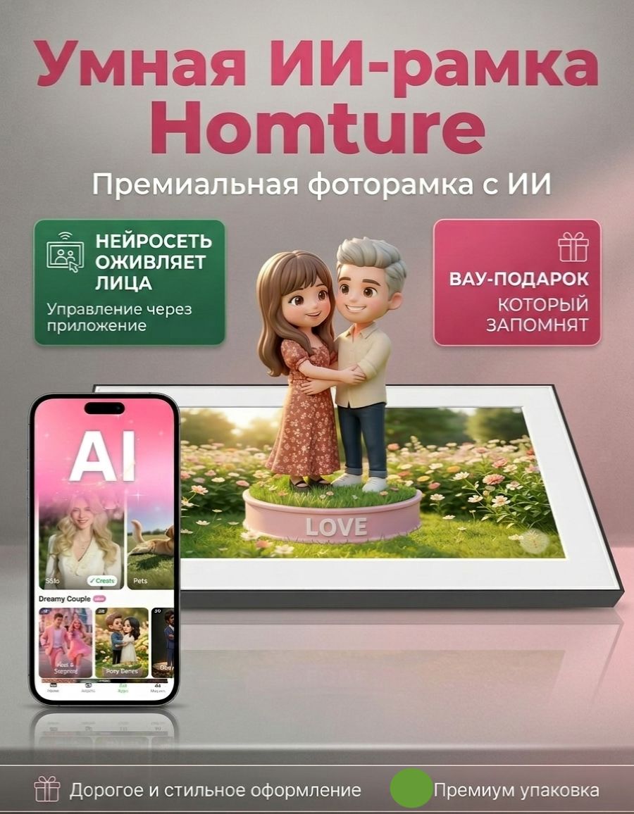 Цифровая фоторамка Homture Magic Frame, ИИ-фоторамка 10.1" Full HD с искусственным интеллектом, 64 ГБ, Wi-Fi