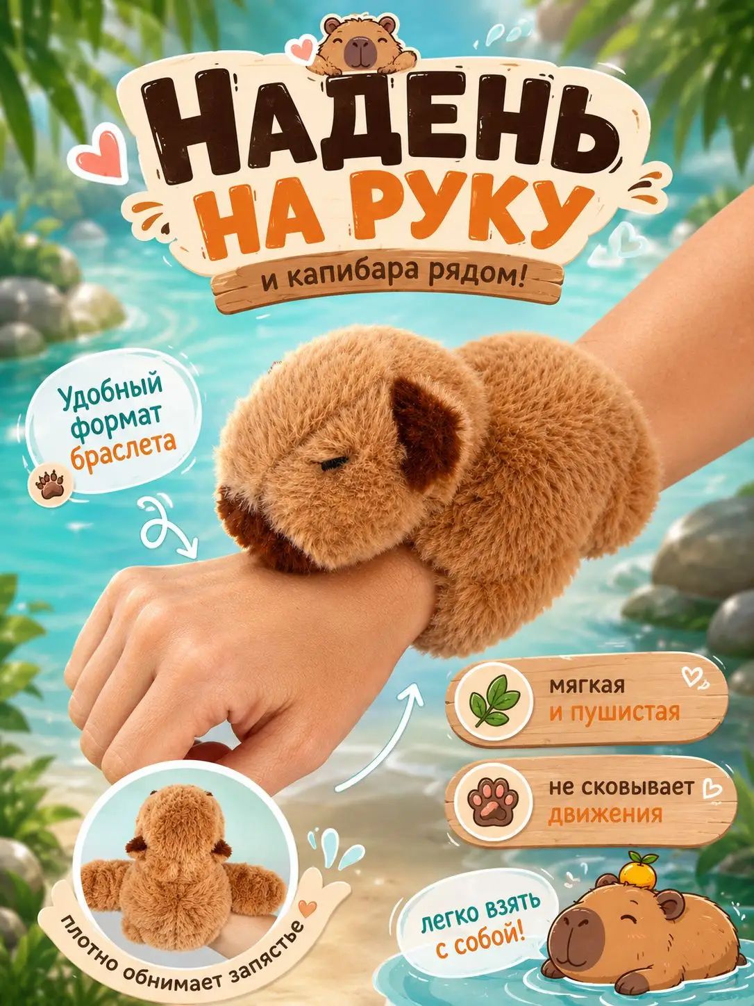 Мягкая игрушка Капибара браслет, 20см / браслет детский / Плюшевая игрушка для девочек