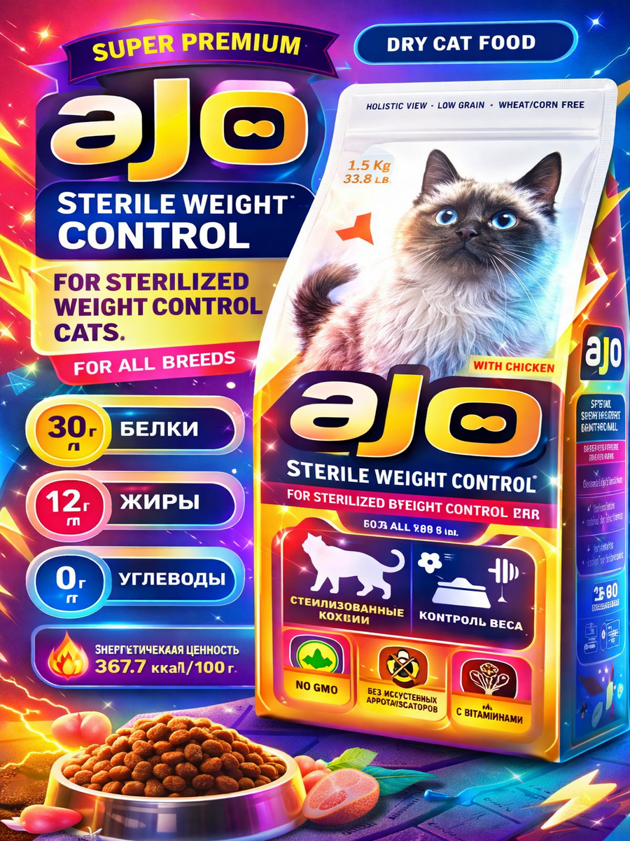 Корм сухой Ajo Sterile Weight Control для кошек курица, 1.5кг
