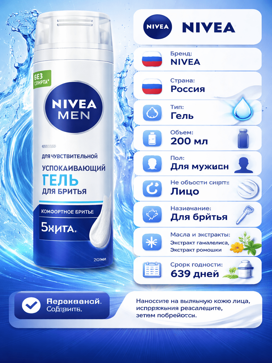 Гель для бритья Nivea Men для чувствительной кожи, 200мл