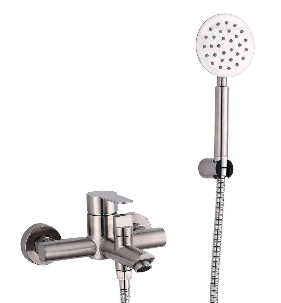 Смеситель для ванны с душем Fmark FS8204 с душевым гарнитуром, настенный, однорычажный, с поворотным изливом, матовый, из нержавеющей стали, с керамическим картриджем
