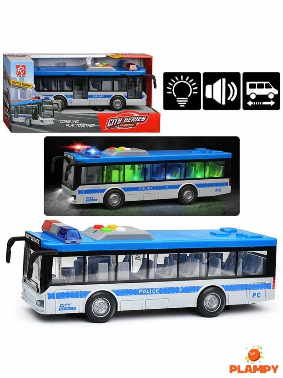 Игровой набор Plampy Автобус полицейский инерционный со светом и звуком, 28 см