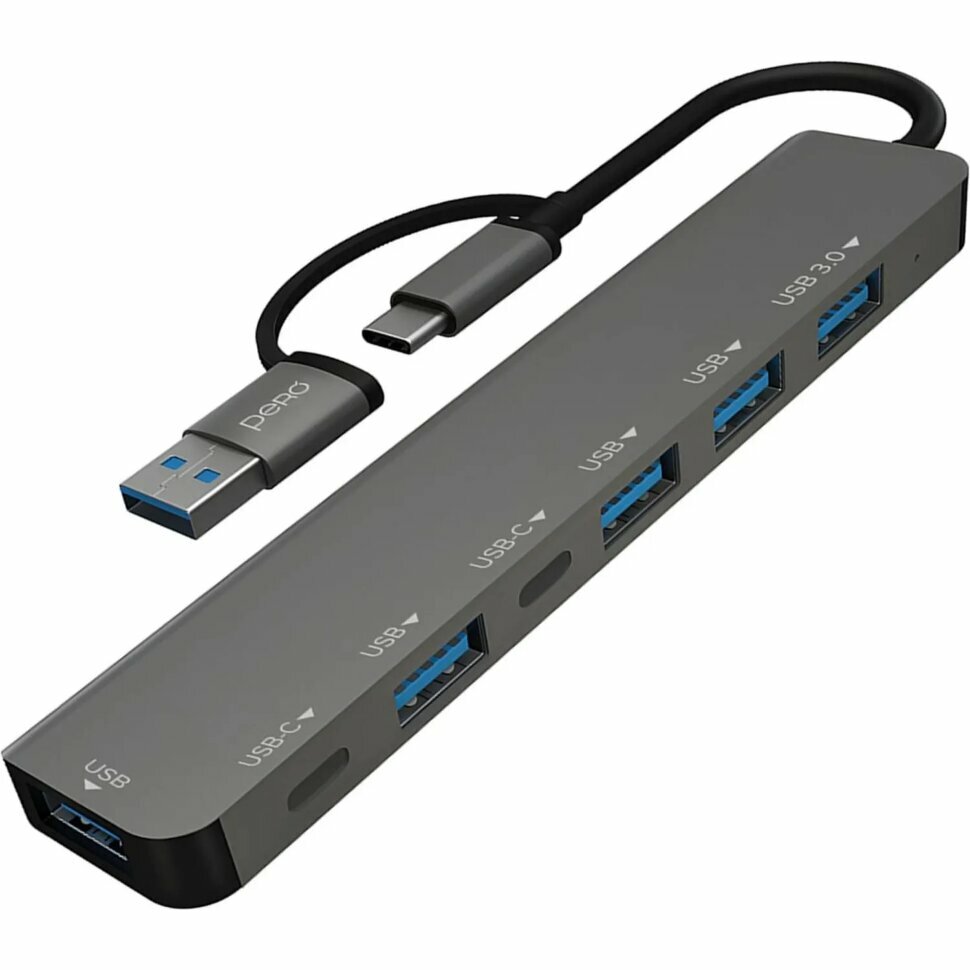 Разветвитель USB PERO MH06, USB-С/A TO 2xUSB-C+USB 3.0+4xUSB 2.0 серый, 2370506