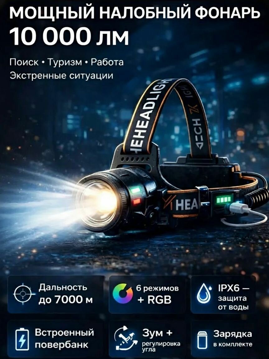 Фонарь налобный аккумуляторный 7000 метров, фонарь на голову мощный светодиодный 6 режимов
