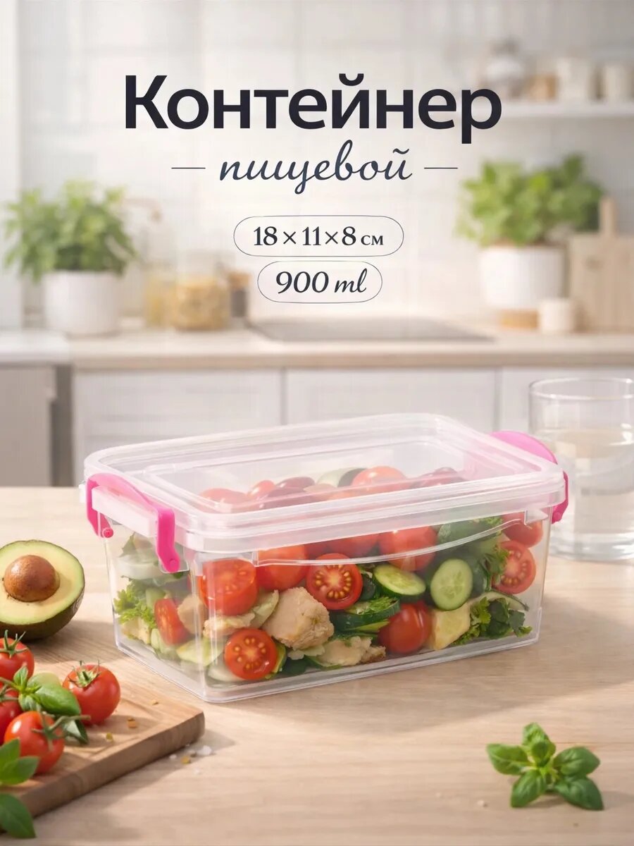 Контейнер пищевой с ручками RICCO, 900 мл, пластик, цвет ручек микс