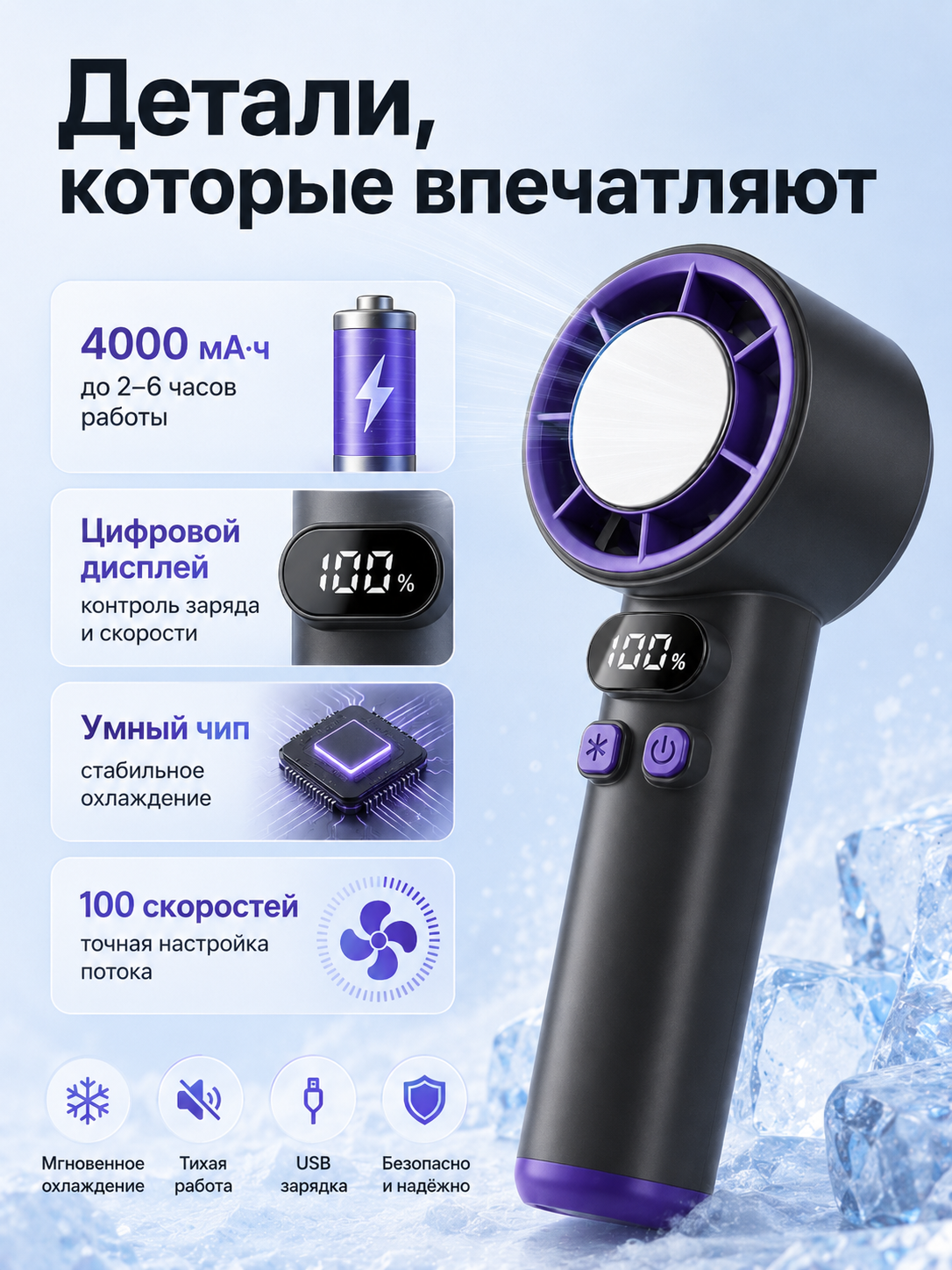Портативный ручной вентилятор с быстрой зарядкой, 100 скоростей, USB, для улицы и дома，Черный фиолетовый