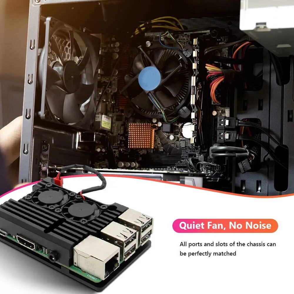 Алюминиевый корпус для Raspberry Pi 3B с двумя вентиляторами и пассивным охлаждением