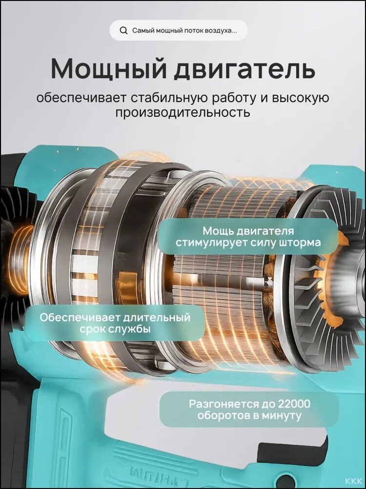 Аккумуляторная воздуходувка для уборки 2000 Вт, 6 уровней, в комплекте 2 АКБ, Черный, бирюзовый, 505x120x155 мм — фото 1