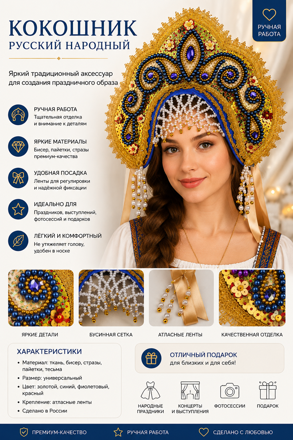Кокошник синий с бусинами