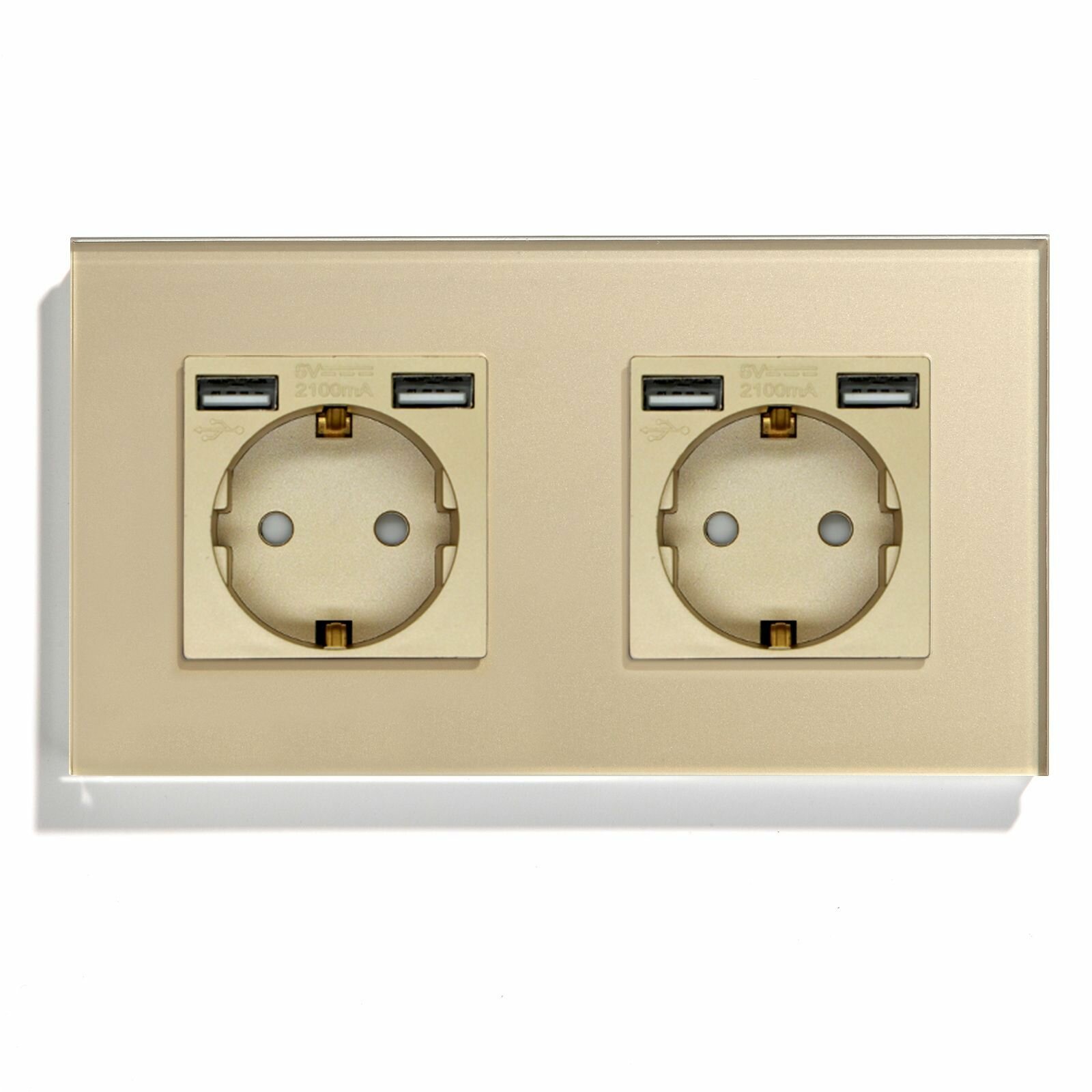 Розетка электрическая 2 поста, с Usb АА, рамка 157х86мм стекло, цвет золотой