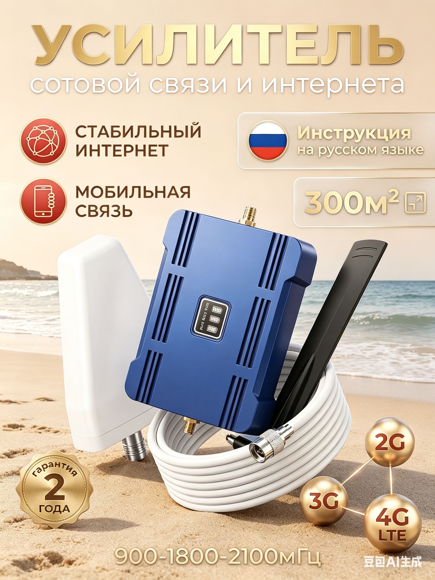 Усилитель сотовой связи 900/1800/2100 МГц (2G/3G/4G): до 70 км, направленный, синий, 1.3 кг