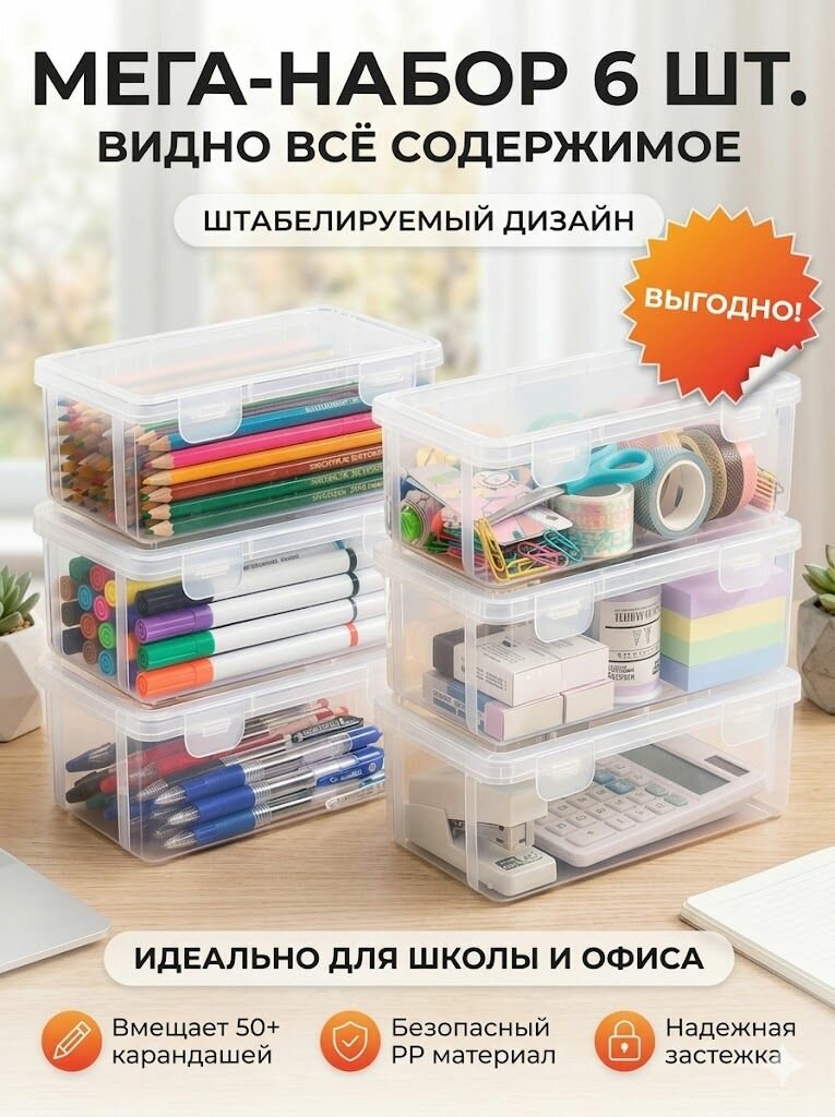 Большая емкость, Прозрачная коробка для карандашей,6 шт, Прочный, пылезащитный, с крышкой, Материал из АБС-пласт набор упаковка