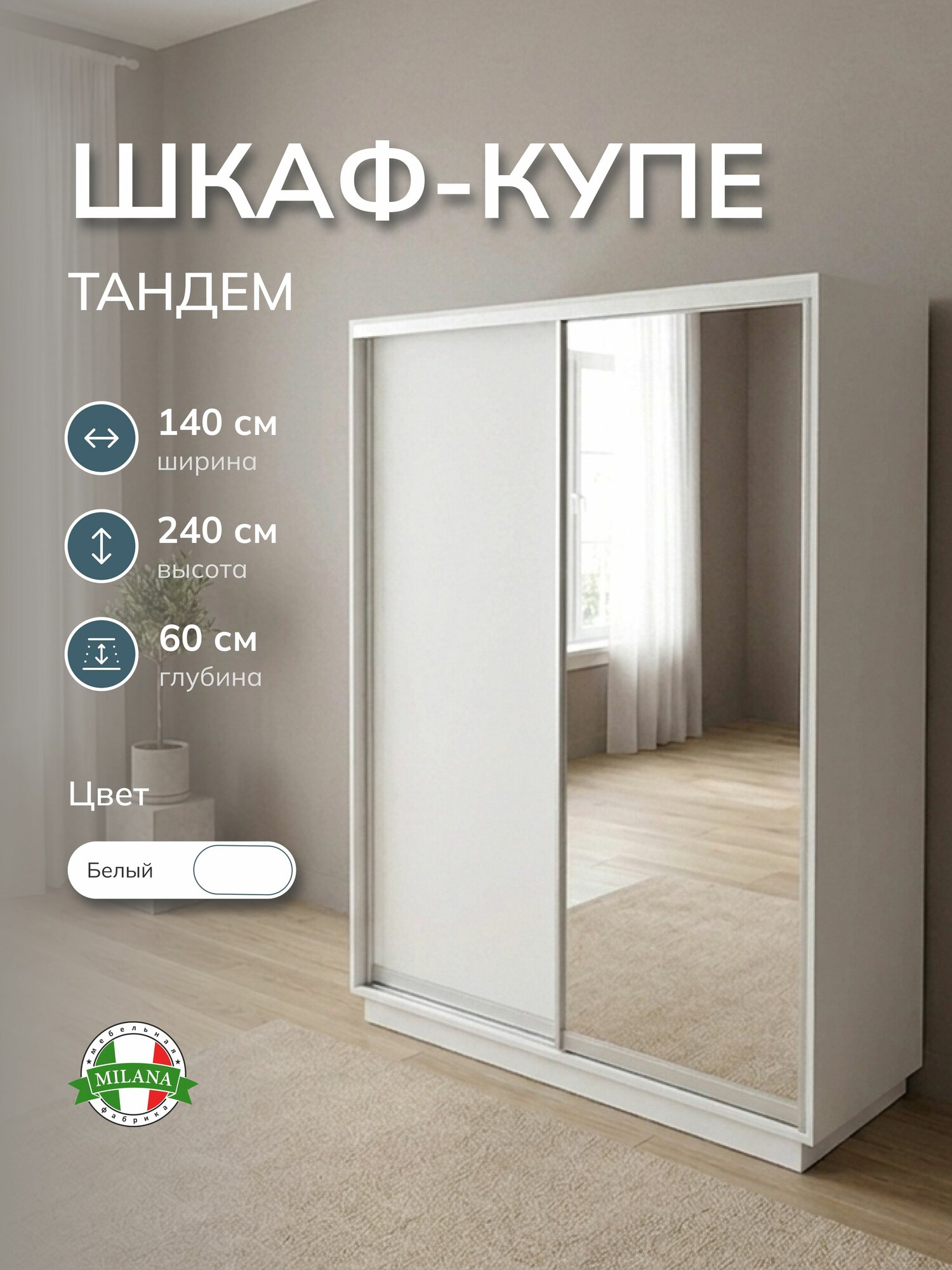 Шкаф-купе с зеркалом Тандем, 2 двери, белый, 140х60х240 см