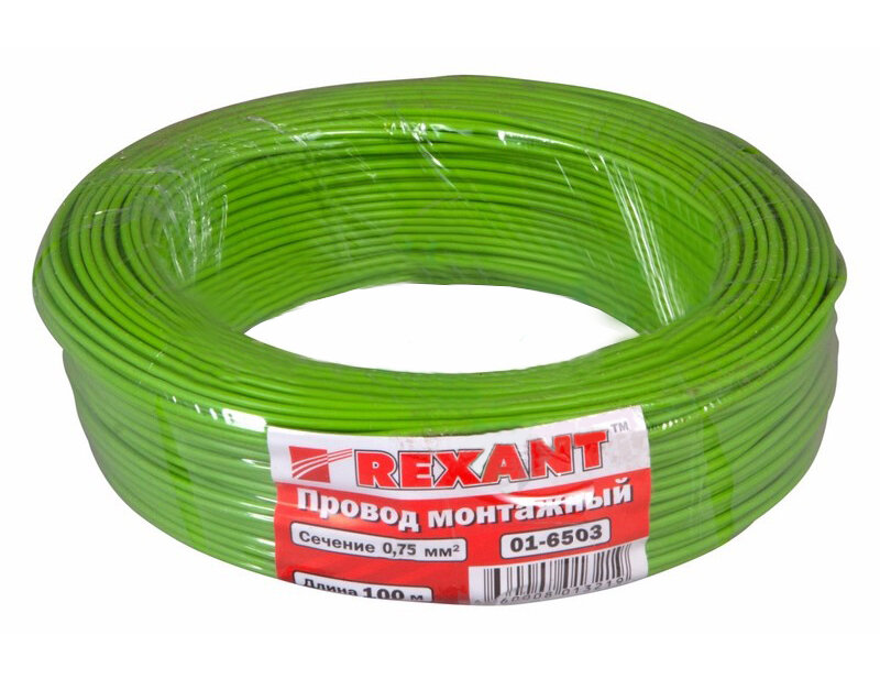 Провод ПГВА REXANT 1х0.75 кв. мм, зеленый, бухта 100 м 01-6503