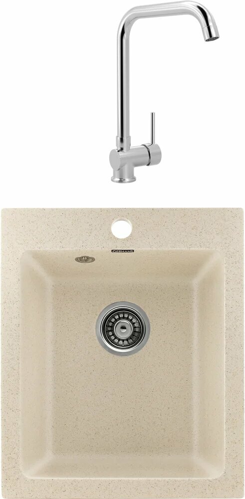 Комплект Мойка Gerhans A10-20 41x48, бежевая, искусственный гранит / Смеситель MEGA Didim MG-CM107 глянцевый хром, хром