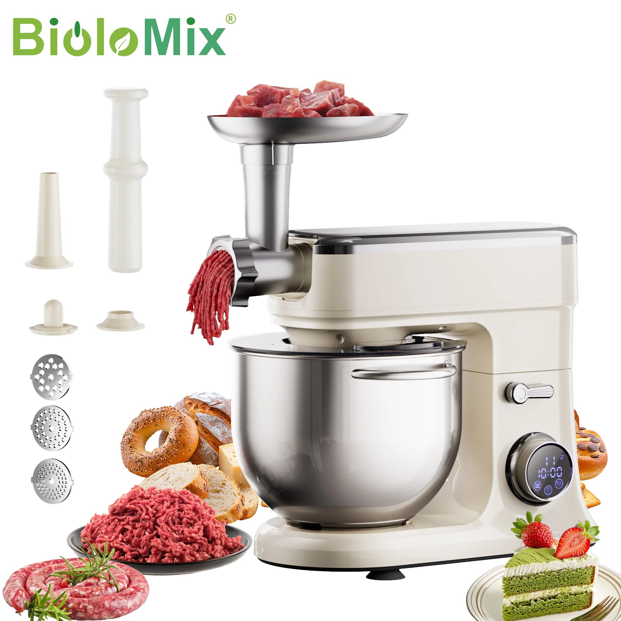 Миксер для выпечки BioloMix объёмом 7 л, стационарный миксер с ДЦ-мотором 1200 Вт, с крюком для теста, венчиком и библёром, насадкой для мясорубки