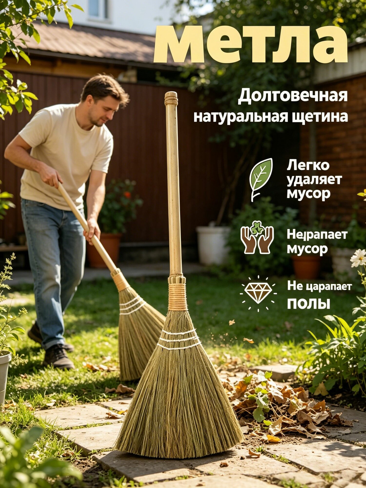 Веник из бамбука и мискантуса - прочная метла для уборки улицы и дачи