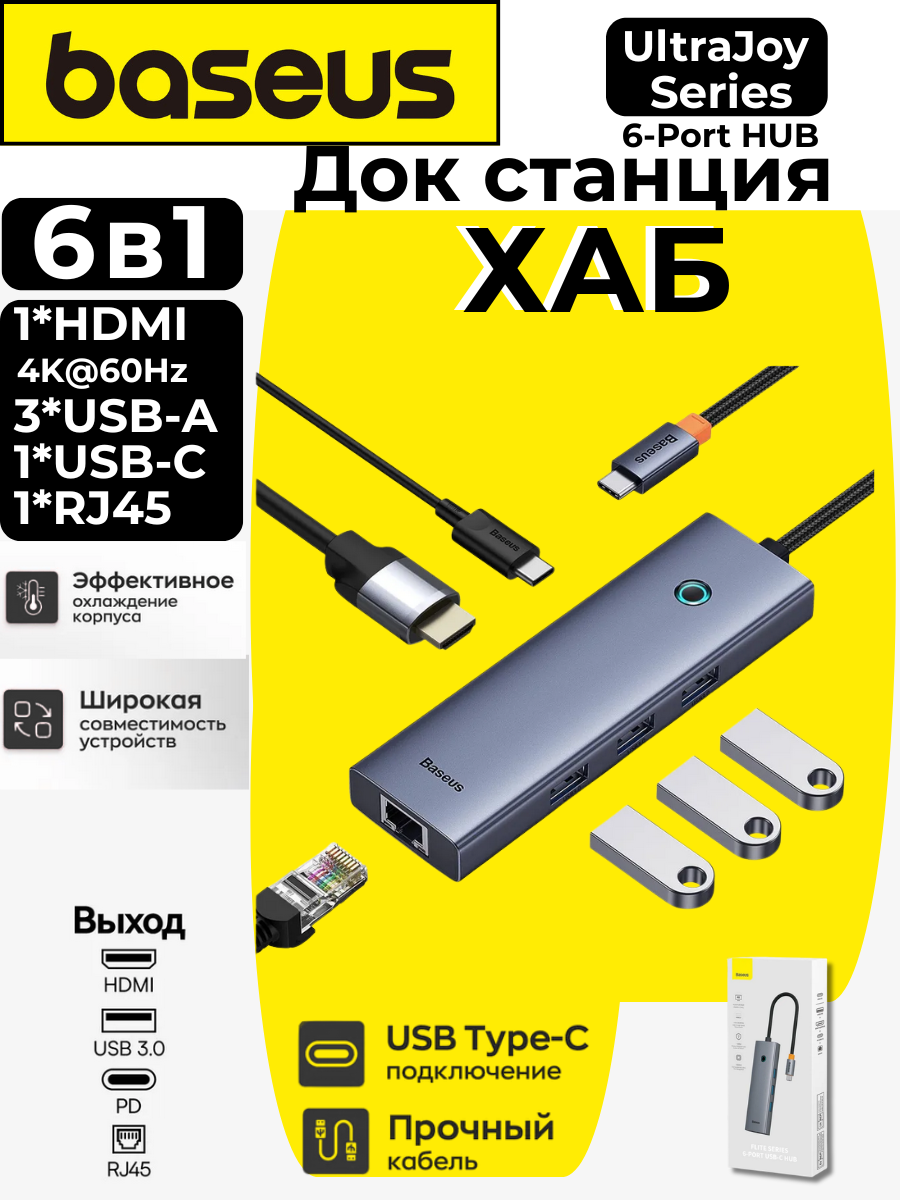 USB-разветвитель Baseus UltraJoy 6-in-1, USB-C концентратор, 4K, Ethernet, 100Вт, металл