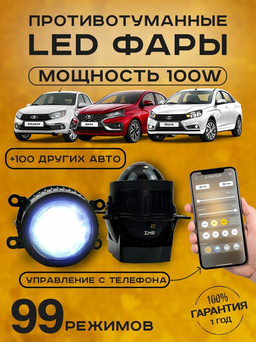 ПТФ лазерные с линзой Bi Led / 100w / 99 режимов / 3 дюйма / Iskra, Granta Fl, Largus