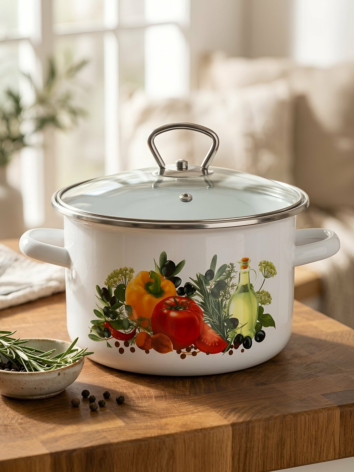 Кастрюля эмалированная СтальЭмаль Европейская кухня 3 л, белая, с крышкой из стекла, для индукционных и газовых плит, 18 см