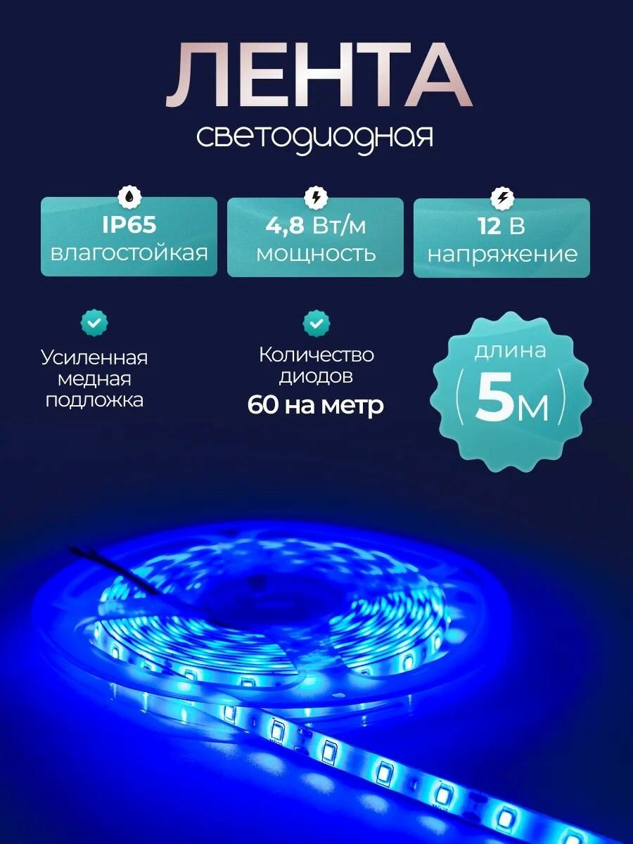 Светодиодная LED лента 5м, 12в синяя подсветка, влагостойкая IP65