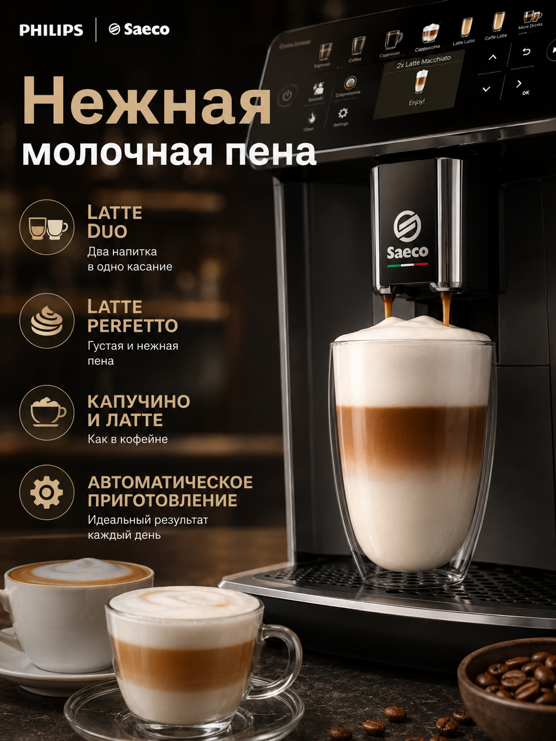 Автоматическая кофемашина Philips Saeco, 14 видов кофе, сенсорный экран, 15 бар, 1500 Вт, резервуар 1,8 л