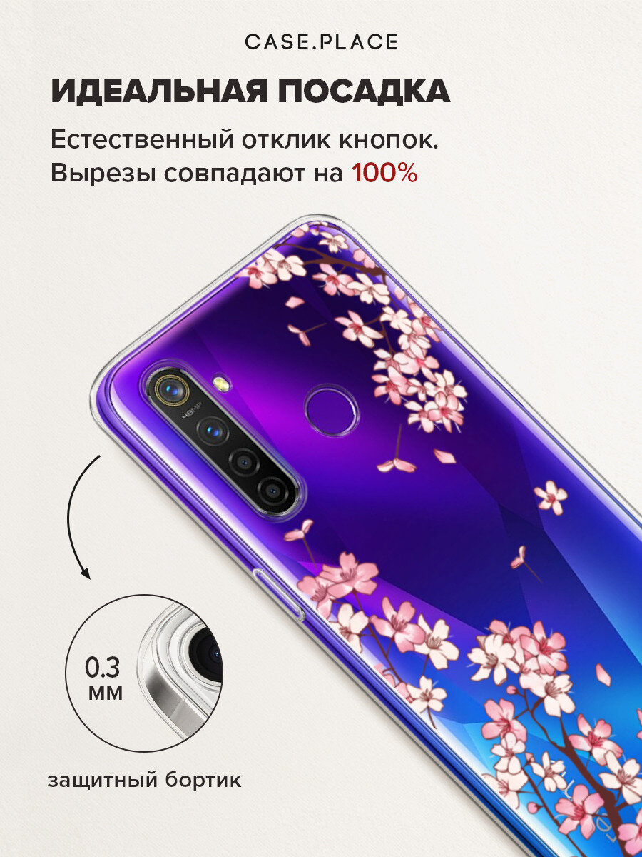 Чехол на Realme 5 Pro / Реалми 5 Про с принтом "Ветви сакуры 1", прозрачный — фото 1