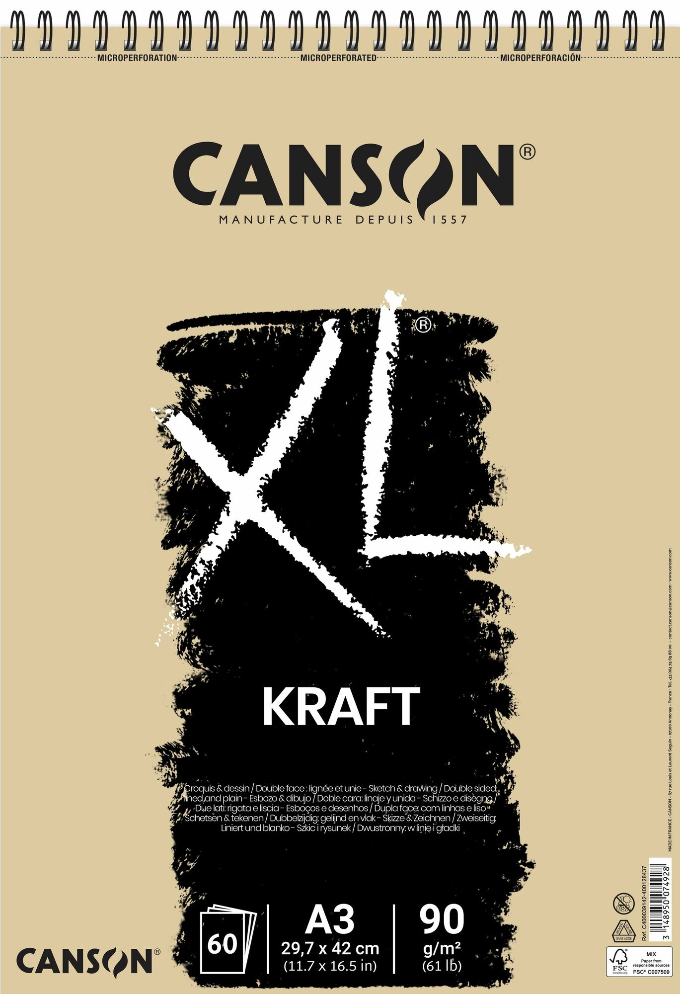 CANSON XL Kraft альбом для графики 90 г/м2, 60 листов A3 29.7 х 42 см, склейка по одной стороне, C400039142