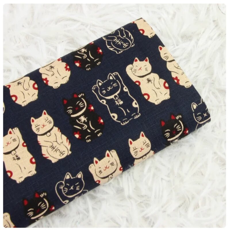 Хлопковая ткань Angtong "Мягкий бриз" с котом, пол-ярда Синий, navy