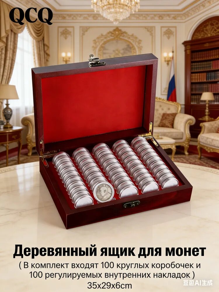 Шкатулка для монет, Деревянный футляр для хранения унцовых монет в капсулах для 100 шт. (Футляры для коллекционных монет/кейс для монет/бокс для монет/Деревянный ящик для монет)