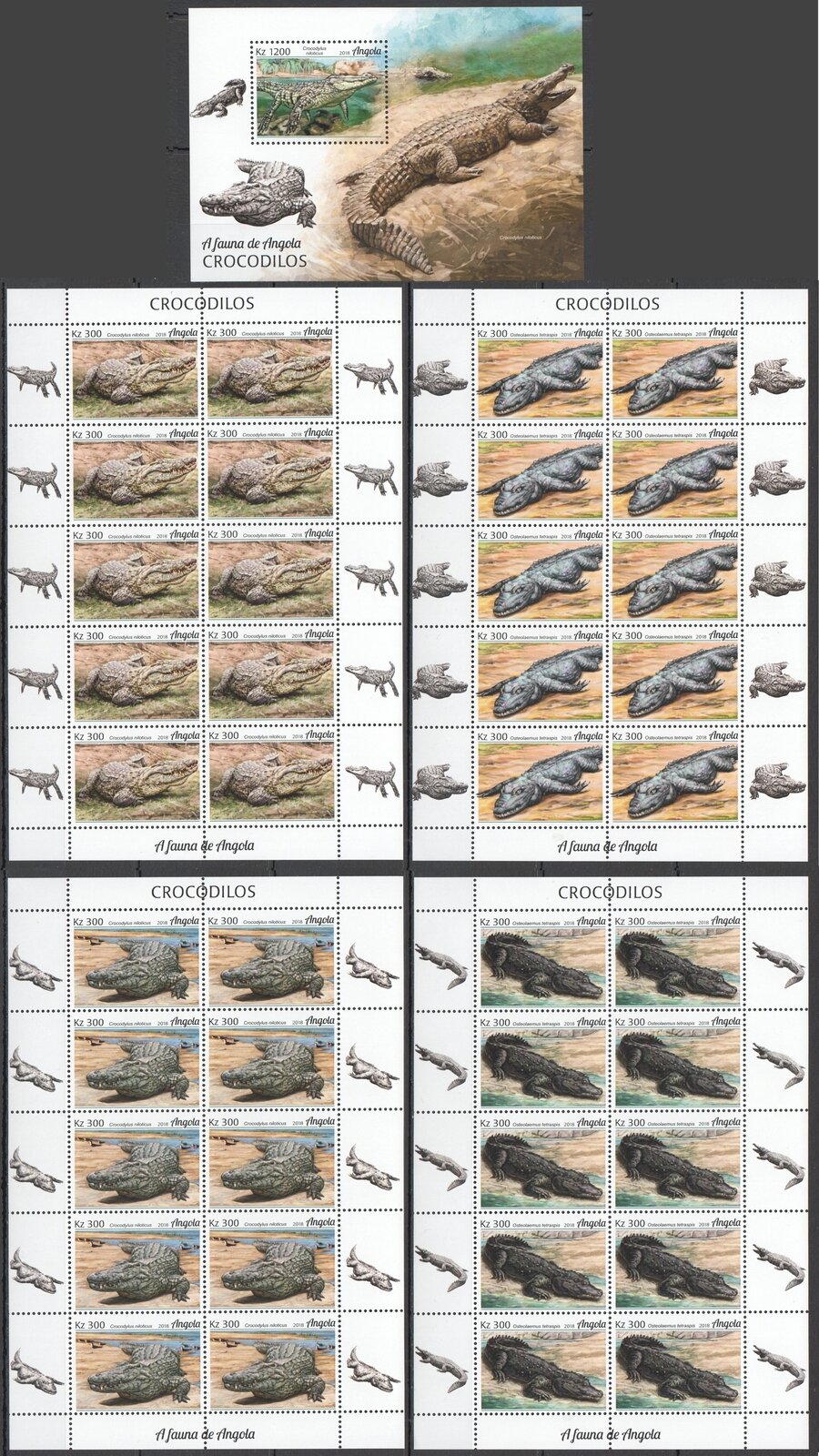 Марки 2018 год Ангола Крокодилы Рептилии Фауна #1941-1944 ! 4 Листа+Bl154 Mnh