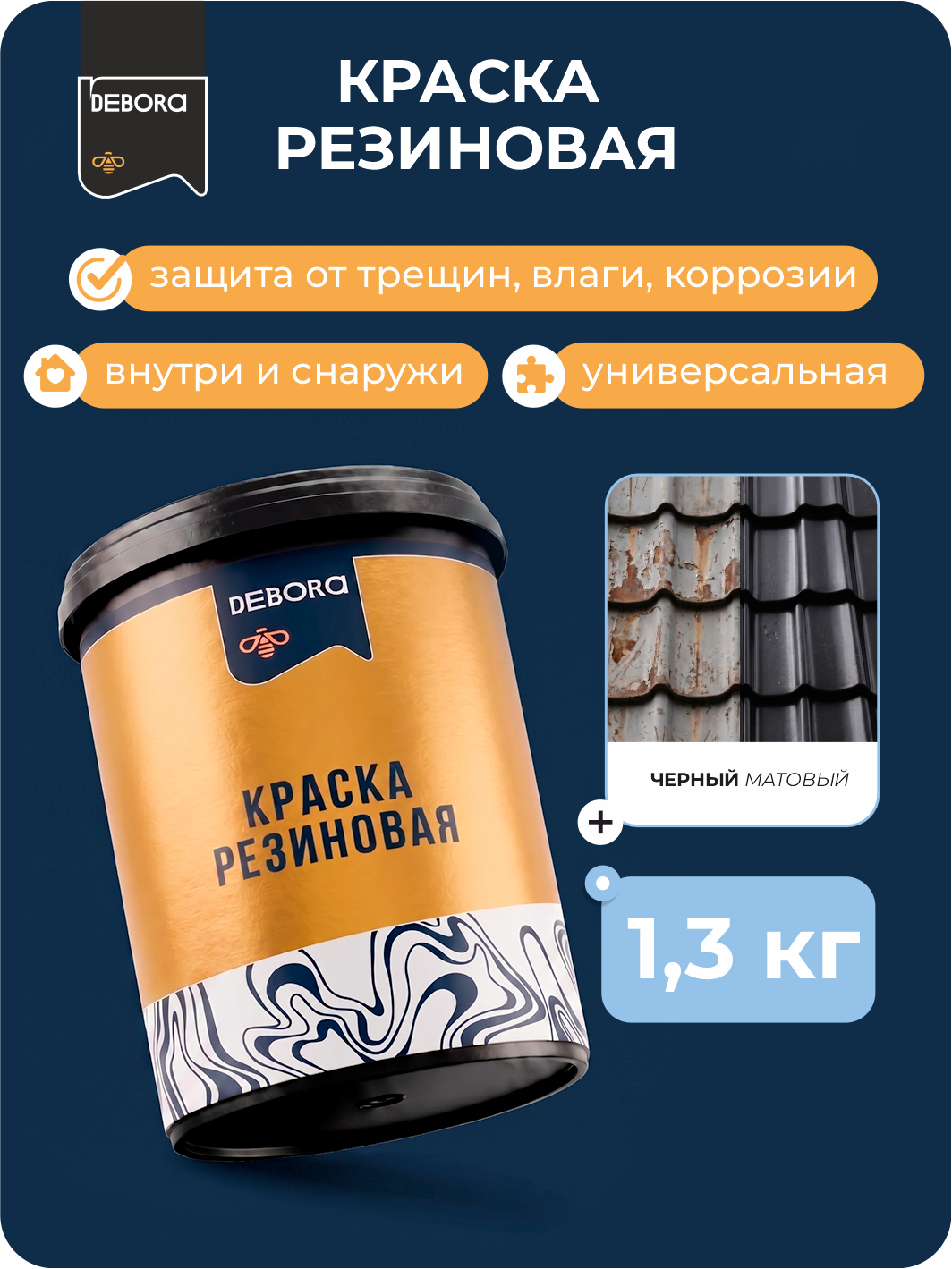 Краска резиновая, влагостойкая, DEBORA - 1,3 кг. (черный, без запаха)