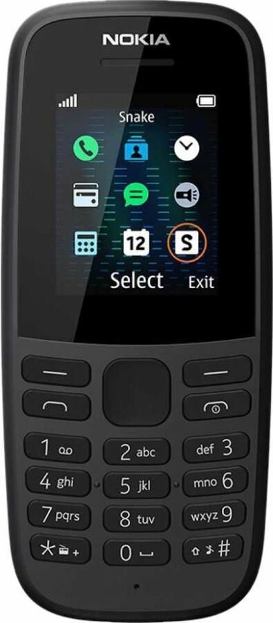 Мобильный телефон Nokia 105, 2 SIM, черный, встроенный FM-приемник, экран 160х126, IP65