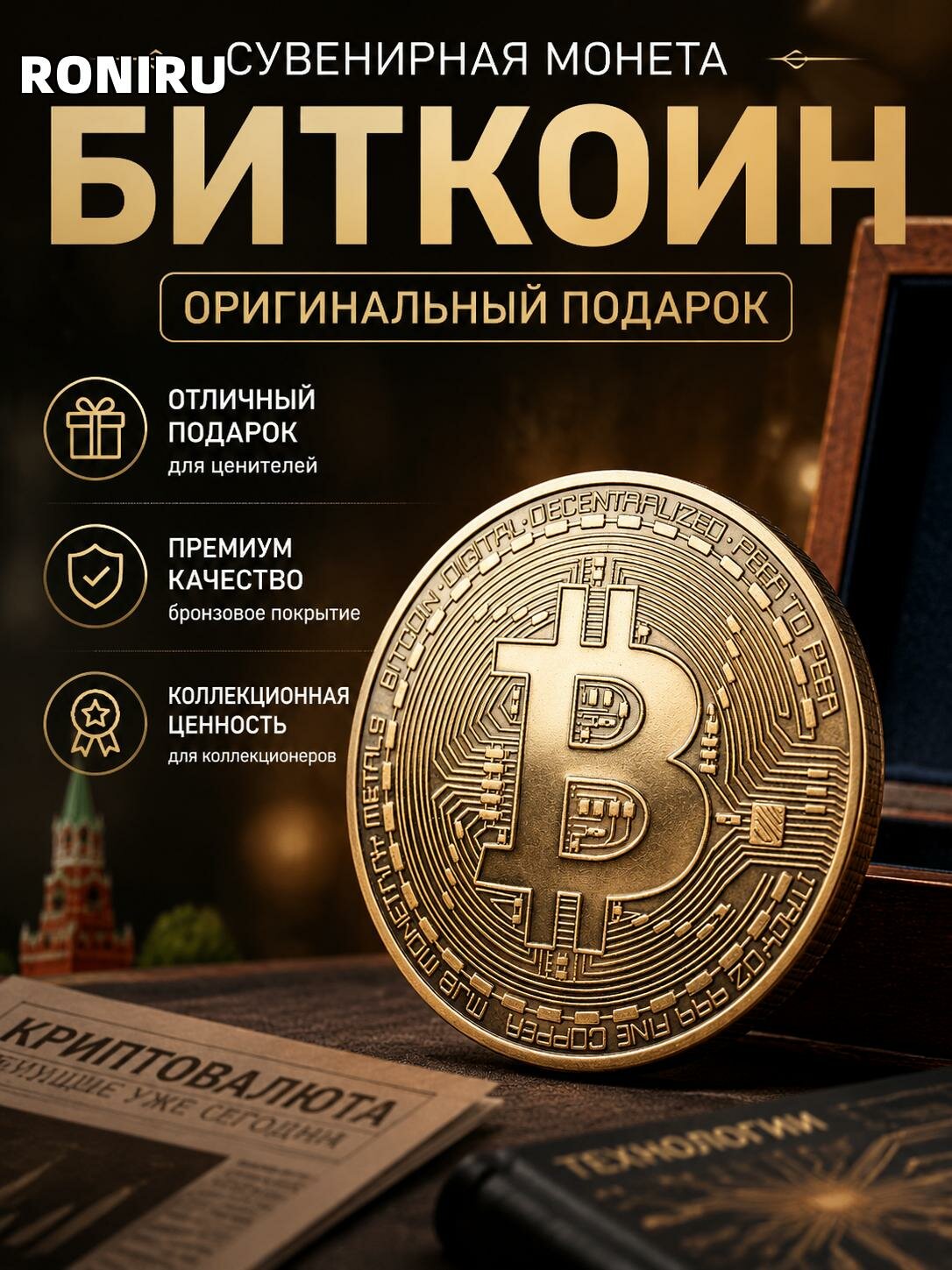 Сувенирная монета Биткоин в бронзе — оригинальный подарок для ценителей криптовалют и технологий, коллекционерам