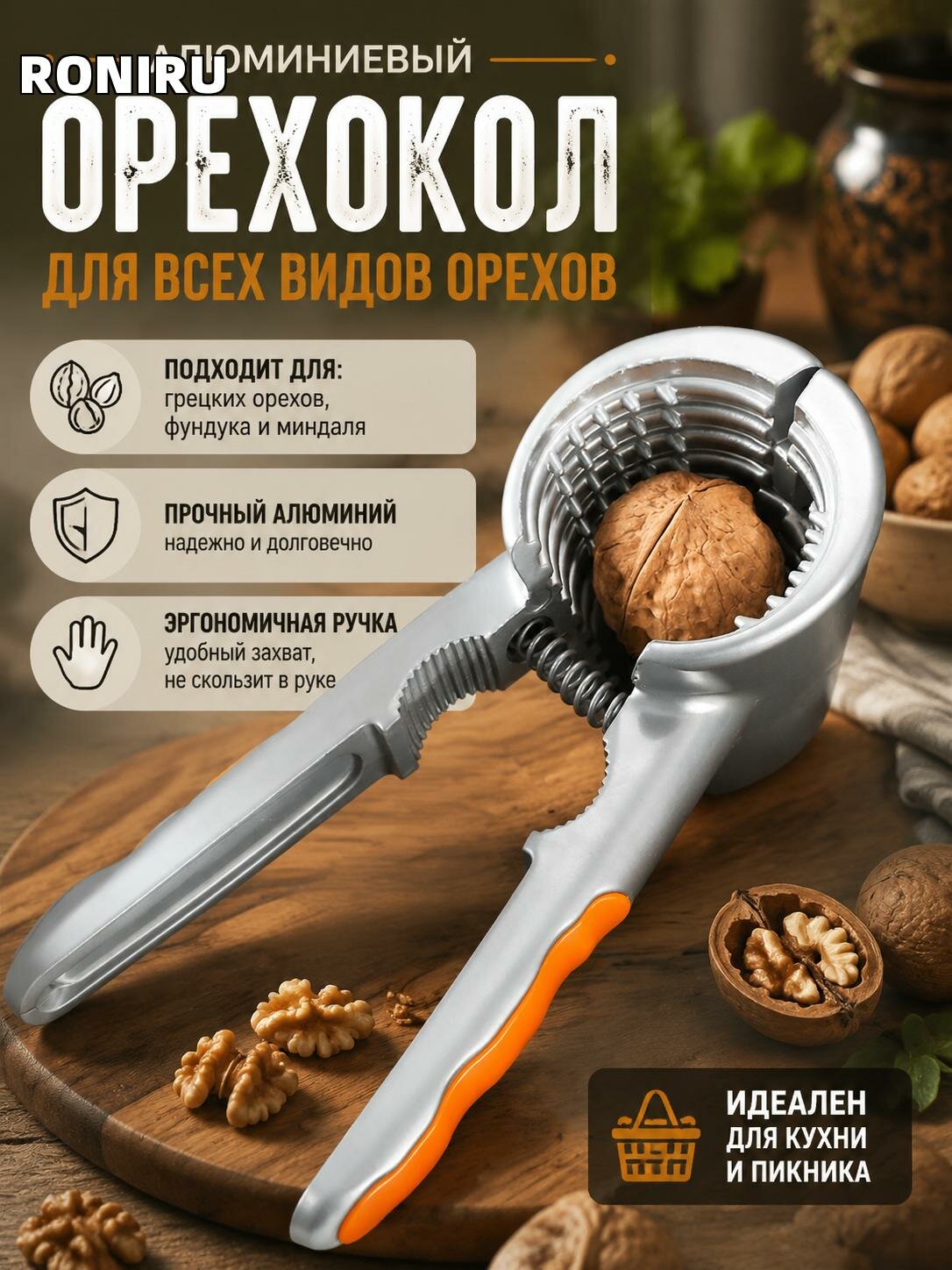 Орехокол для грецких орехов, фундука и миндаля — алюминиевый инструмент с эргономичной ручкой для кухни и пикника