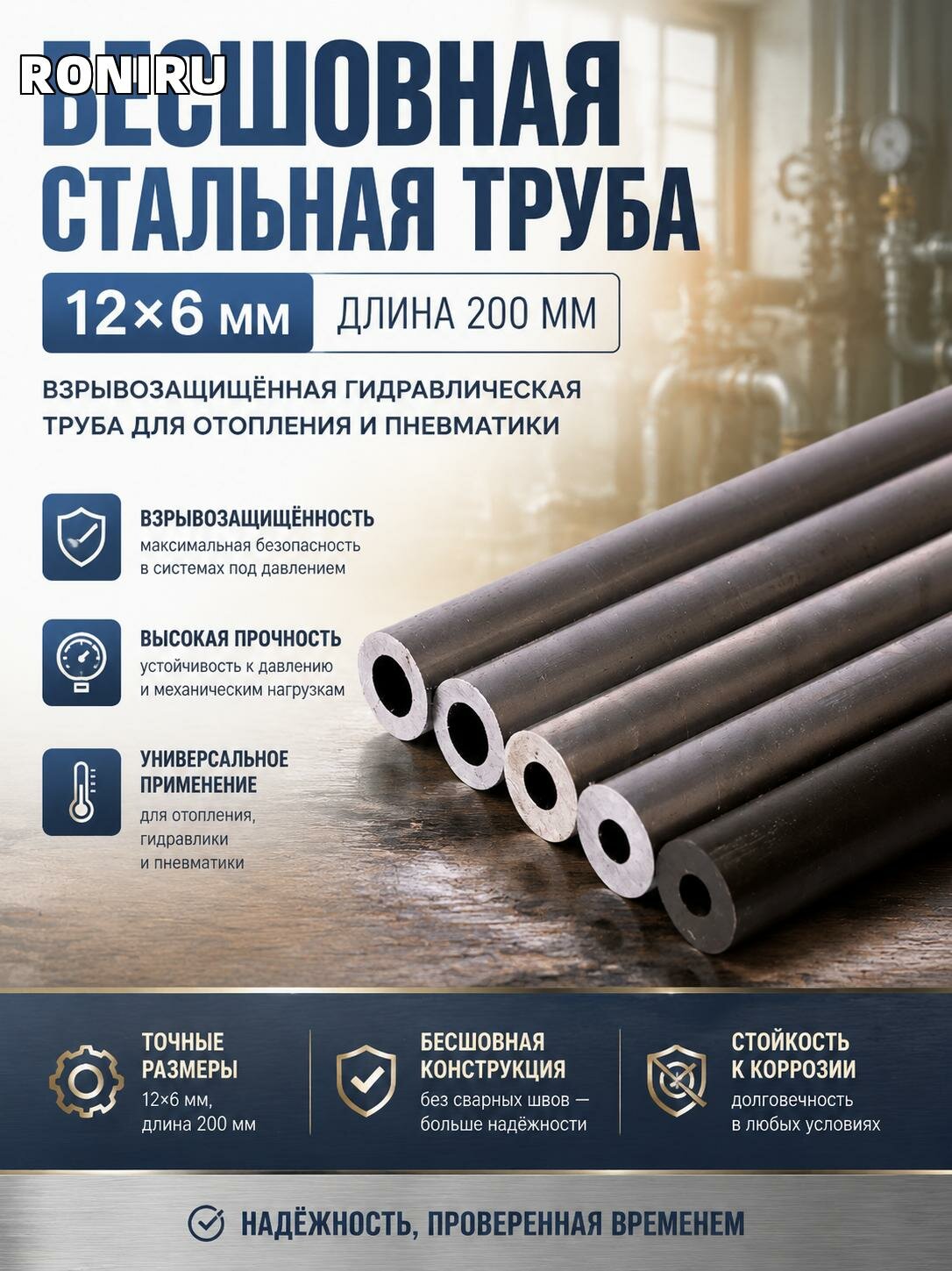 Бесшовная стальная труба 12х6 мм, длина 200 мм — взрывозащищённая гидравлическая труба для отопления и пневматики
